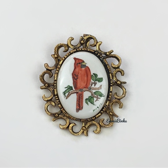 Vintage | Jewelry | Vintage Hand Painted Red Bird Cardinal Cameo Style ...
